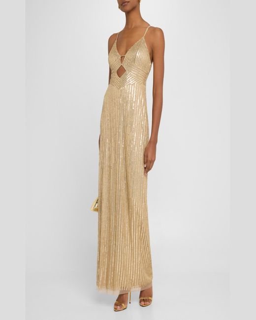 Liv Foster Madelyn Cutout Bead & Sequin Gown in Natural | Lyst