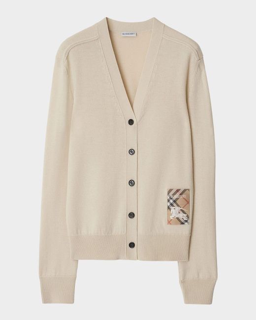 Burberry Logo Patch V-Neck Cardigan in Natural | Lyst