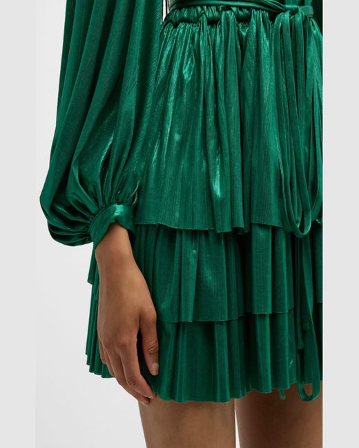 Bronx and Banco Bedouin Tiered Deep V-Neck Metallic Mini Dress in Green ...