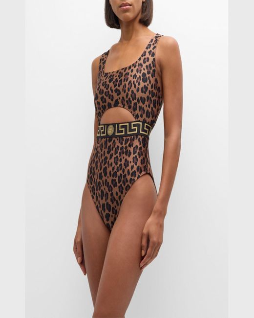 Versace Leopard Greca Border One-Piece Swimsuit in Orange | Lyst