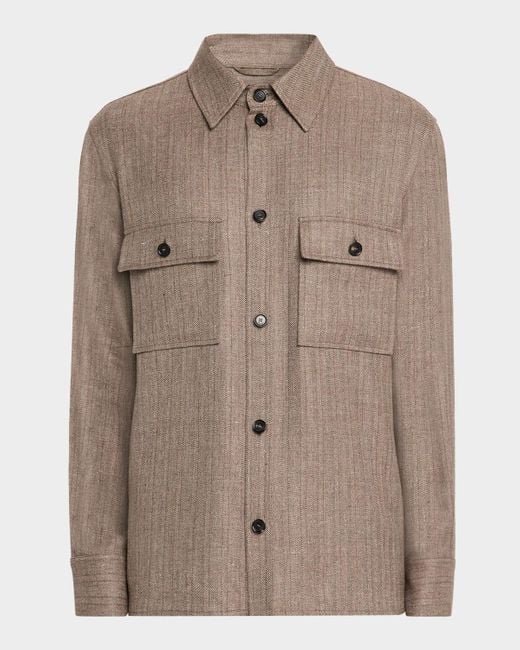Loro Piana Jim Wool And Linen Herringbone Overshirt in Brown for Men | Lyst