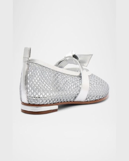 Alexandre Birman Clarita Metallic Bow Fishnet Ballerina Flats in White ...