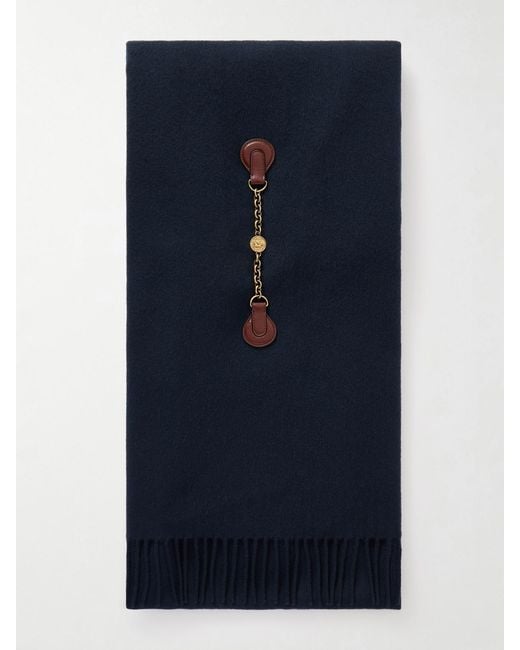 Chloé Embellished Leather-Trimmed Fringed Wool Scarf in Blue | Lyst UK