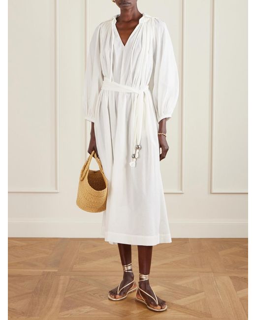 Lisa Marie Fernandez Poet Embellished Belted Cotton-Voile Midi Dress in ...