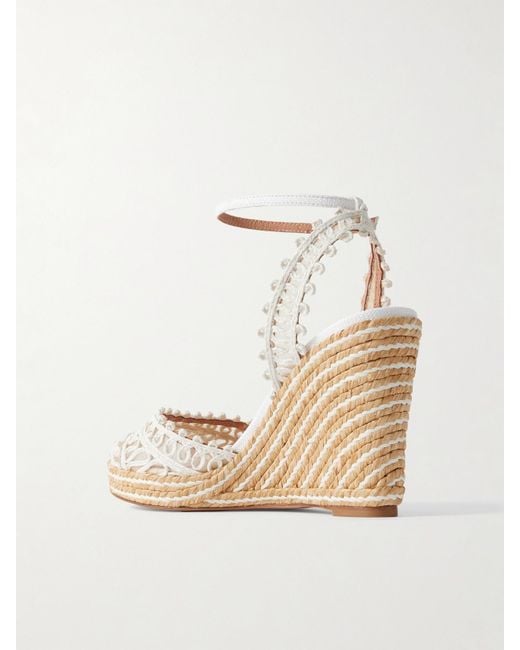 Aquazzura Kahlo Mesh-Trimmed Raffia Wedge Espadrilles in Natural | Lyst