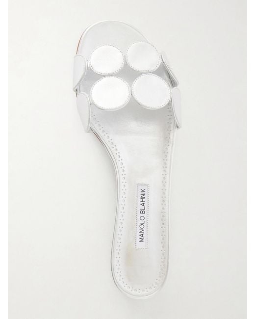 Manolo Blahnik Haribalmu 10 Cutout Metallic-Leather Slides in Natural ...