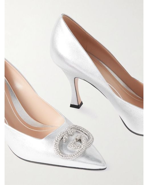 Gucci Crystal-Embellished Metallic Leather Pumps in White | Lyst