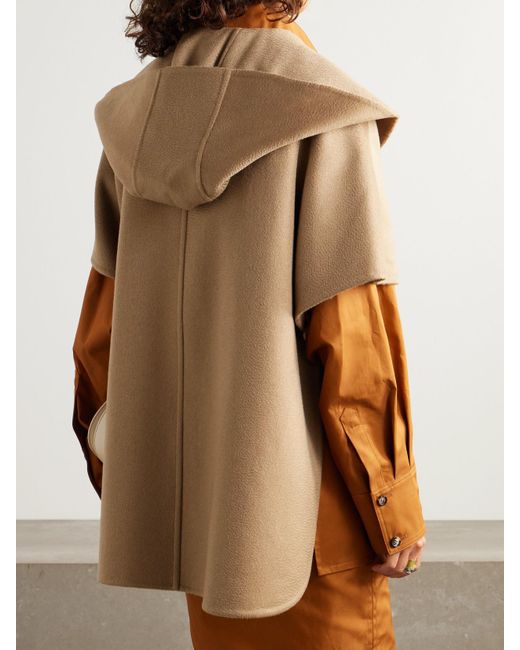 Max Mara Leather-Trimmed Cashmere Hooded Cape in Natural | Lyst