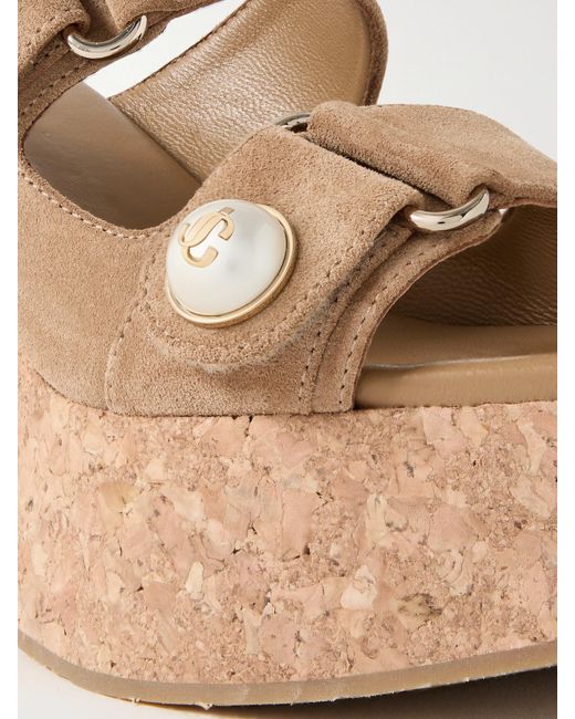 Jimmy Choo Fayence 95 Faux Pearl-Embellished Suede Platform Mules in ...