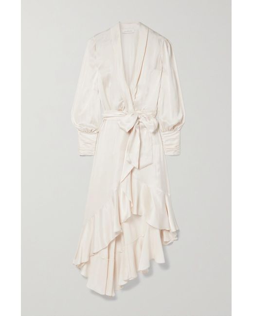 Zimmermann Asymmetric Ruffled Silk Satin Wrap Dress In Cream Natural
