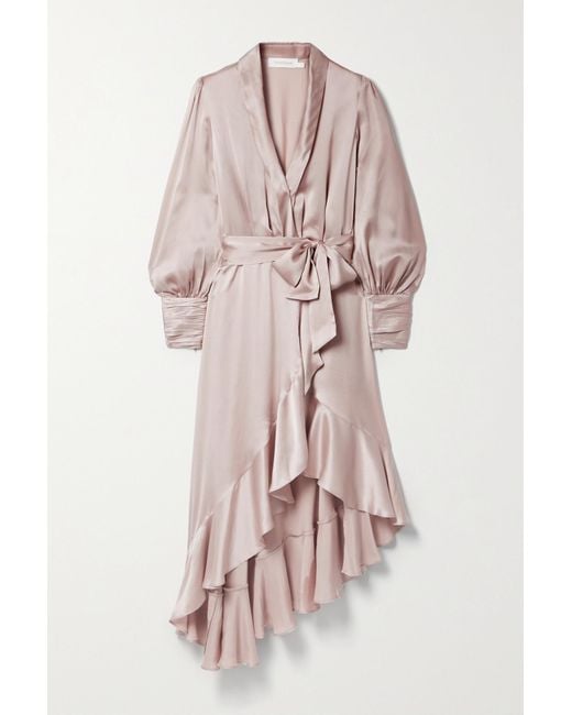 Zimmermann Asymmetric Ruffled Silk Satin Midi Wrap Dress In Pink Lyst