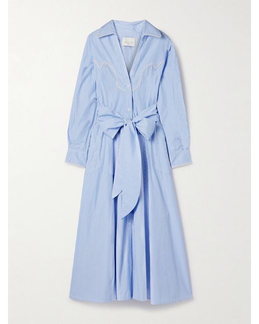 Johanna Ortiz Vela De Cruz Belted Embroidered Striped Poplin Midi Shirt Dress in Blue | Lyst UK
