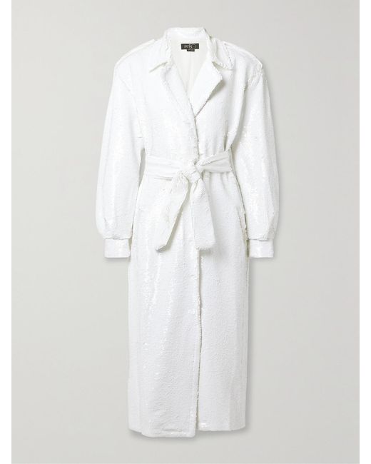 PATBO Belted Sequined Crepe Trench Coat in White | Lyst UK