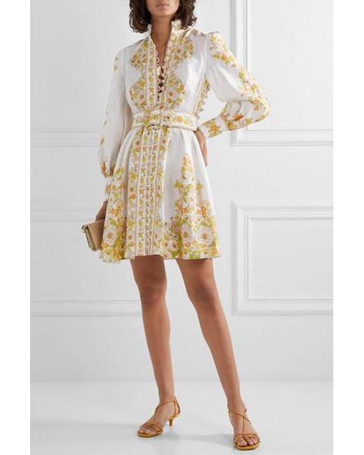Zimmermann Super Eight Belted Floral Print Linen Mini Dress In White Lyst