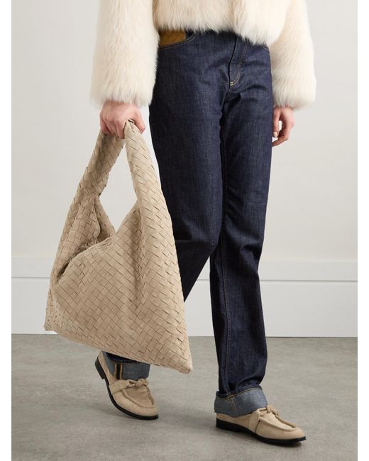 Bottega Veneta Large Hop Intrecciato Suede Shoulder Bag in Natural | Lyst