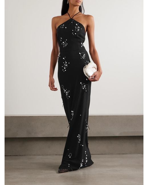 BERNADETTE Jolene Embellished Stretch-Crepe Halterneck Gown in Black | Lyst