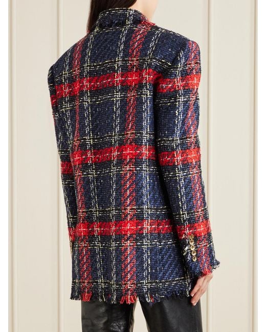 Balmain Fringed Checked Tweed Jacket in Blue | Lyst UK