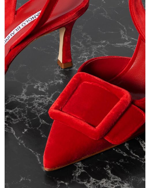 Manolo Blahnik Maysli 70 Buckled Velvet Slingback Pumps in Red | Lyst