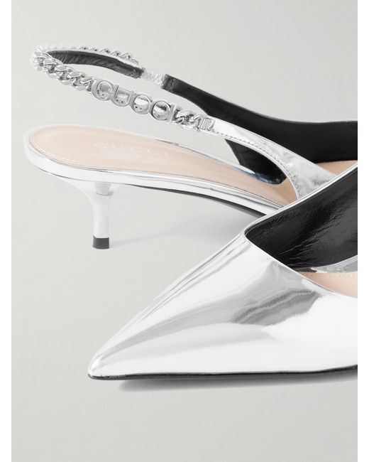 Gucci Signoria Embellished Mirrored-Leather Slingback Pumps in White | Lyst