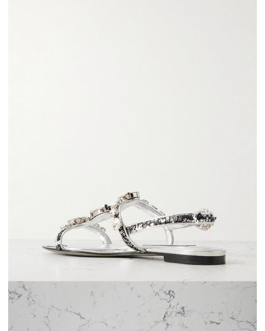 Dolce & Gabbana Bianca Embellished Metallic Leather Sandals in White | Lyst