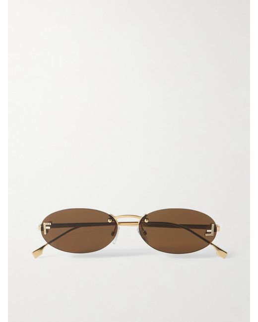 Fendi Oval-Frame Crystal-Embellished-Tone Sunglasses in Natural | Lyst UK