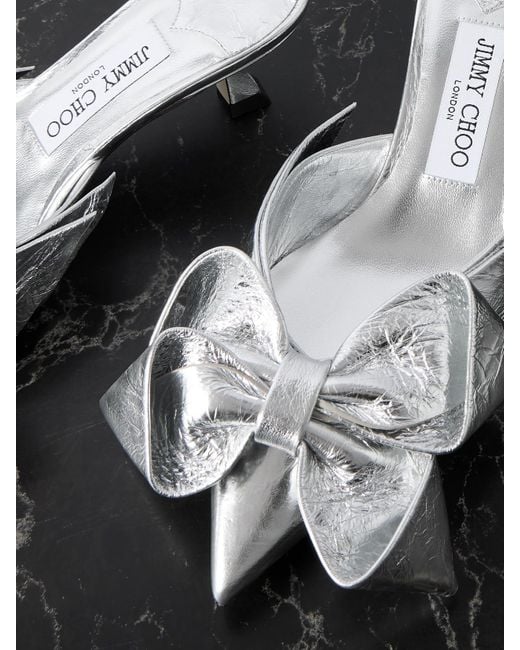 Jimmy Choo Staz 50 Bow-Embellished Metallic Crinkled-Leather Pumps in ...
