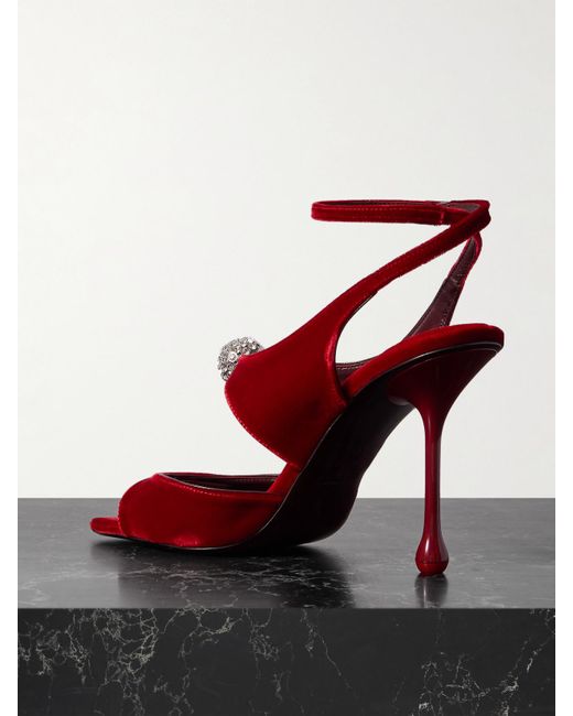 Jimmy Choo Orb Embellished Velvet Sandals in Red | Lyst
