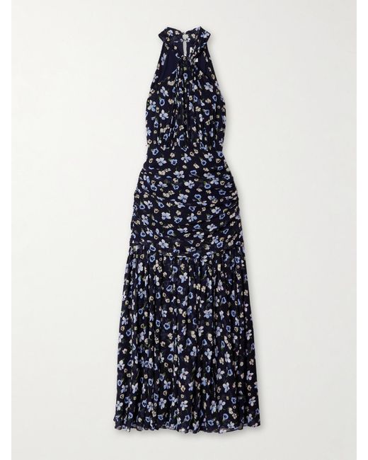 Veronica Beard Brock Ruched Floral-Print Silk Crepe De Chine Midi Dress in Blue | Lyst UK
