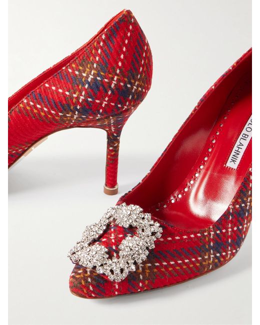 Manolo Blahnik Hangisi 90 Crystal-Embellished Checked Wool Pumps in Red ...