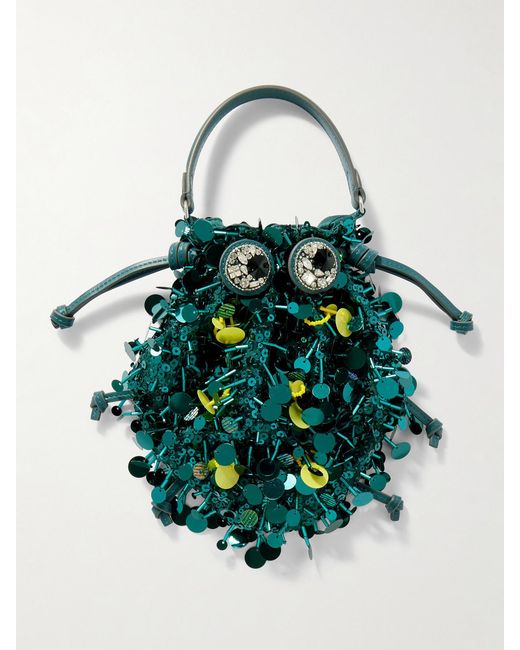 Anya Hindmarch Beetle Embellished Leather-Trimmed Clutch in Green | Lyst