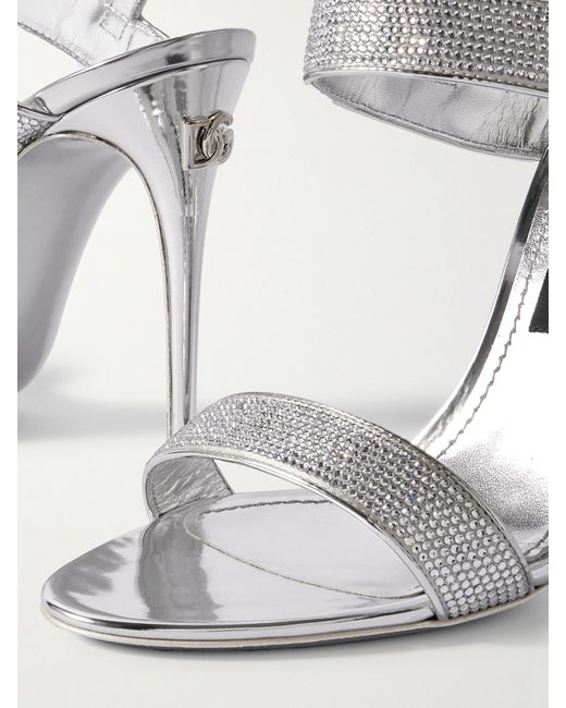 Dolce & Gabbana Crystal-Embellished Satin And Metallic Leather Sandals in White | Lyst