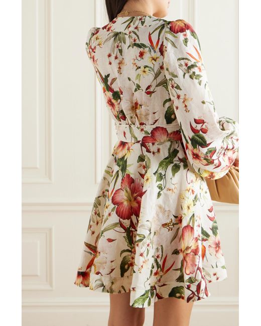 Zimmermann Lexi Belted Floral Print Linen Mini Wrap Dress In White Lyst
