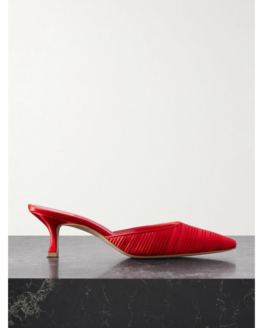 Manolo Blahnik Carolyne 50 Pleated Leather-Trimmed Satin Mules in Red ...
