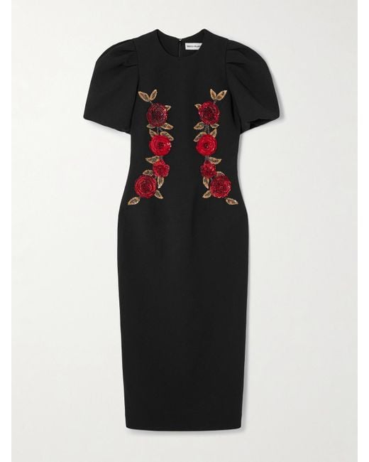 Rebecca Vallance Rosetta Embellished Cady Midi Dress in Black | Lyst