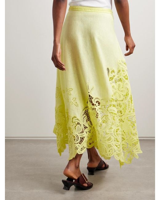 Ulla Johnson Rae Guipure Lace-Paneled Linen Midi Skirt in Yellow | Lyst