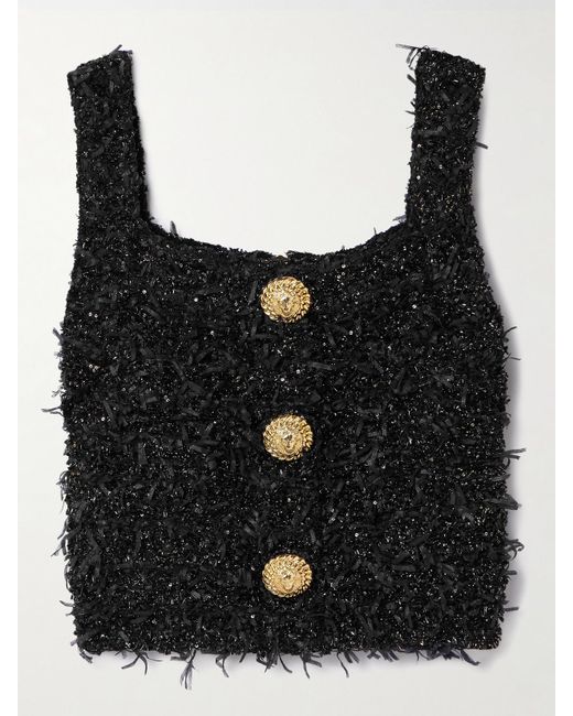 Balmain Cropped Button-Embellished Sequined Metallic Bouclé-Tweed Top ...