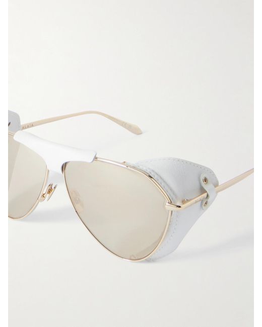 Alaïa Aviator-Style Leather-Trimmed-Tone Sunglasses in Natural | Lyst