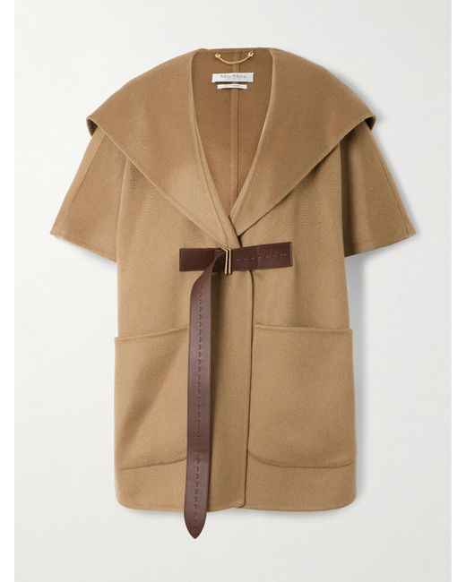 Max Mara Leather-Trimmed Cashmere Hooded Cape in Natural | Lyst