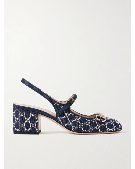 Gucci Lady Horsebit-Detailed Crystal-Embellished Denim Mary Jane Pumps ...