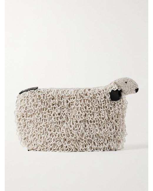 STAUD Prairie Leather-Trimmed Beaded Satin Clutch in Natural | Lyst UK