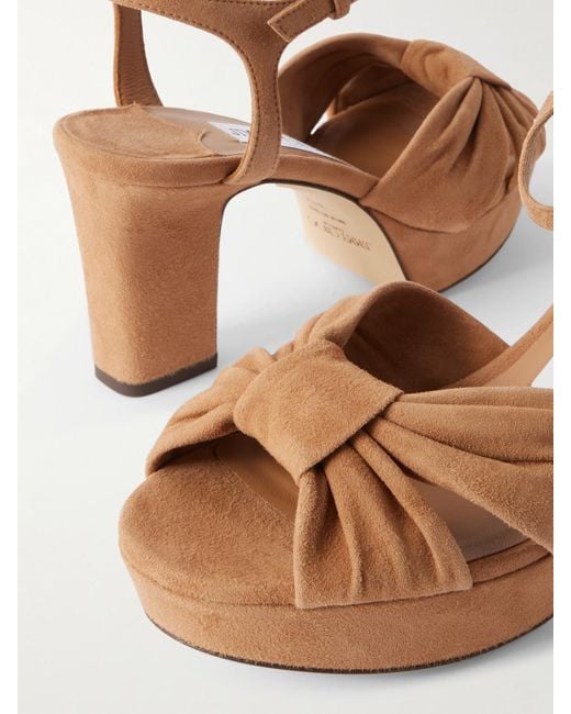 Jimmy Choo Heloise 80 Knotted Suede Platform Sandals in Natural | Lyst