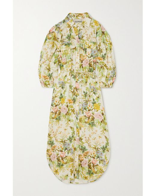 AlÉmais Eden Belted Floral Print Linen Midi Shirt Dress In Metallic