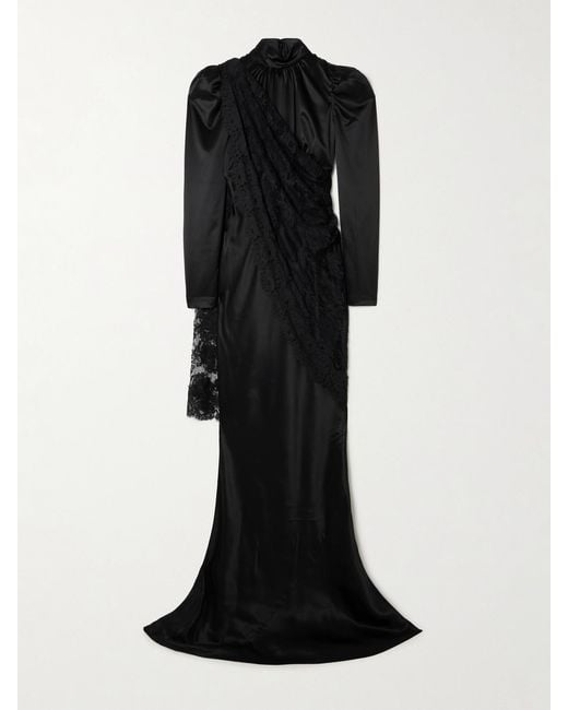 Alessandra Rich Cape-Effect Lace-Trimmed Silk-Satin Gown in Black | Lyst UK