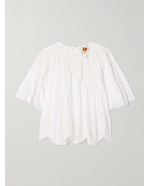 FARM Rio Crochet-Trimmed Embroidered Cotton-Voile Blouse in White | Lyst