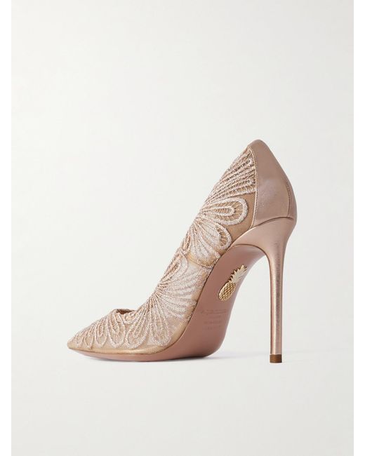 Aquazzura 105 Metallic Leather-Trimmed Chantilly Lace Pumps in White | Lyst