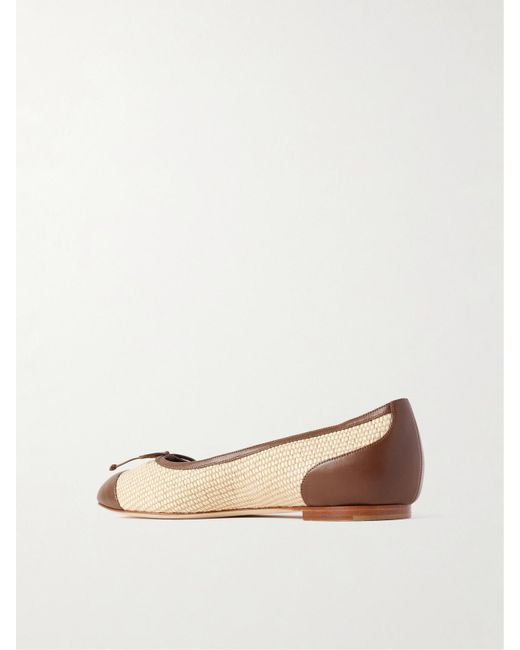 Manolo Blahnik Capbal Leather-Trimmed Raffia Ballet Flats in Natural | Lyst