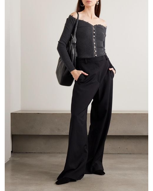 STAUD Keaton Off-The-Shoulder Ribbed Cotton And Wool-Blend Cardigan in ...