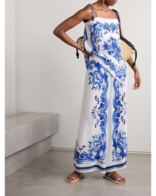 FARM Rio Garden Tiles Bead-Embellished Printed Satin Tank in Blue | Lyst