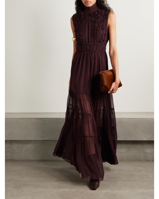 Ulla Johnson Verona Ruffled Smocked Silk-Crepon Gown in Purple | Lyst UK