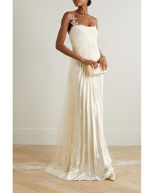 Danielle Frankel Scarlet Lace-Trimmed Pleated Satin And Tulle Gown in ...